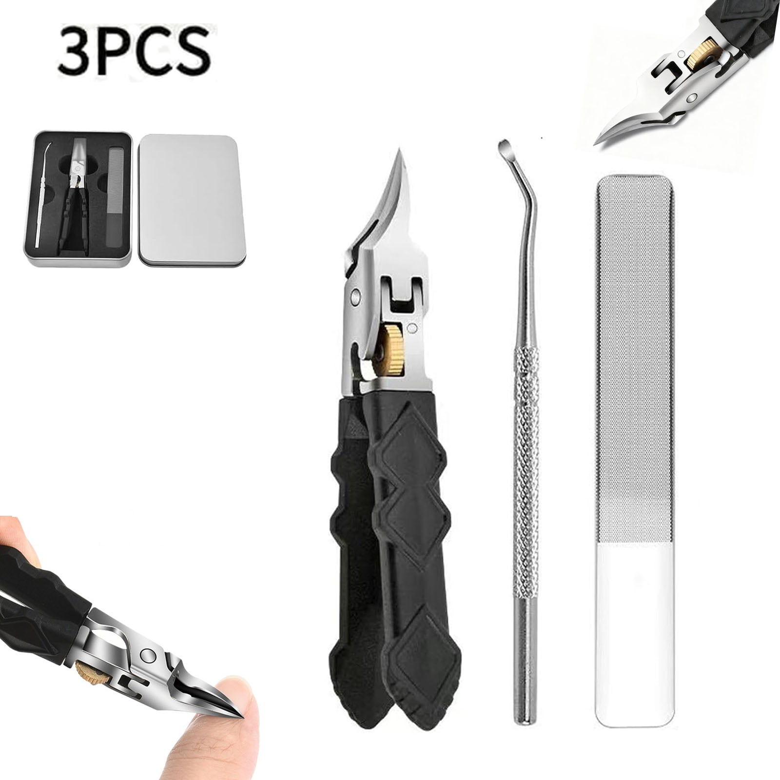3pcs Black Anti-Slip Grip Gear Lock Nail Clipper Set,Ultra Sharp Nail ...