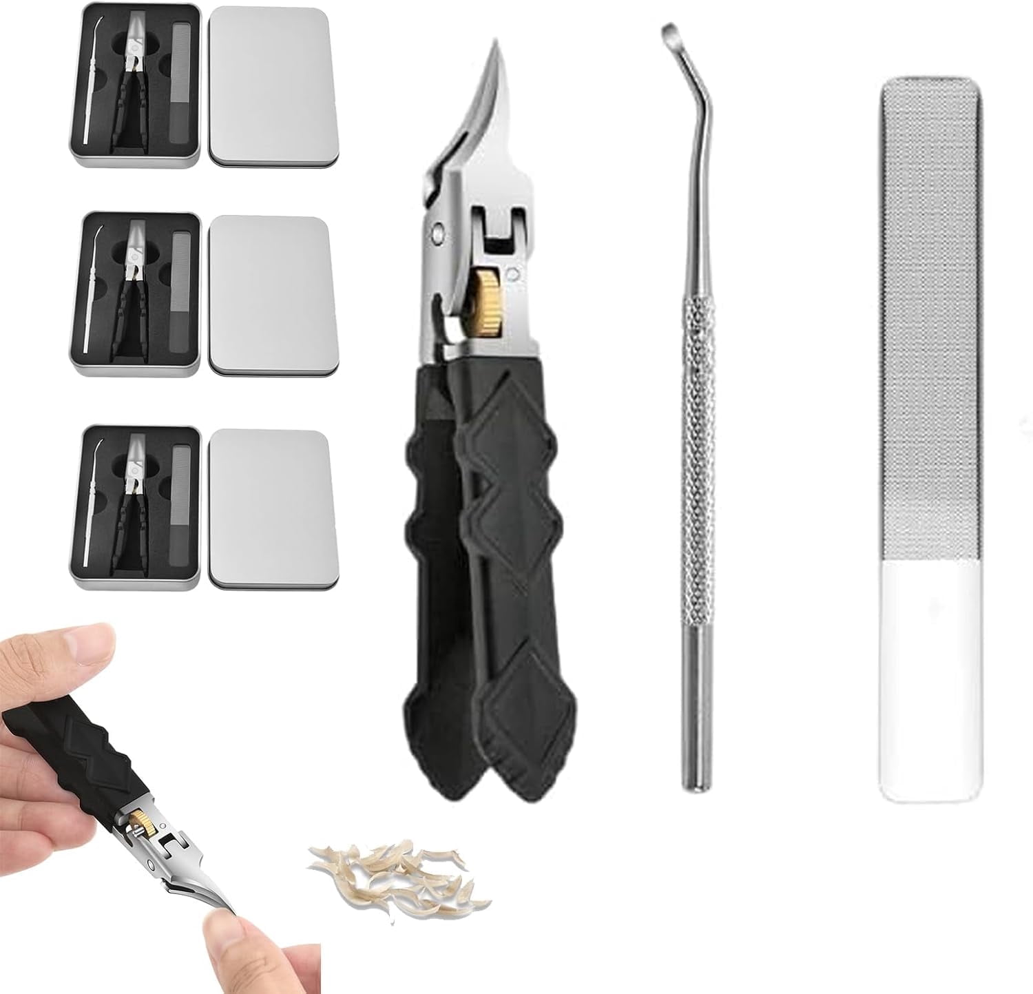 3pcs Black Anti-Slip Grip Gear Lock Nail Clipper Set, Ultra Sharp Nail ...