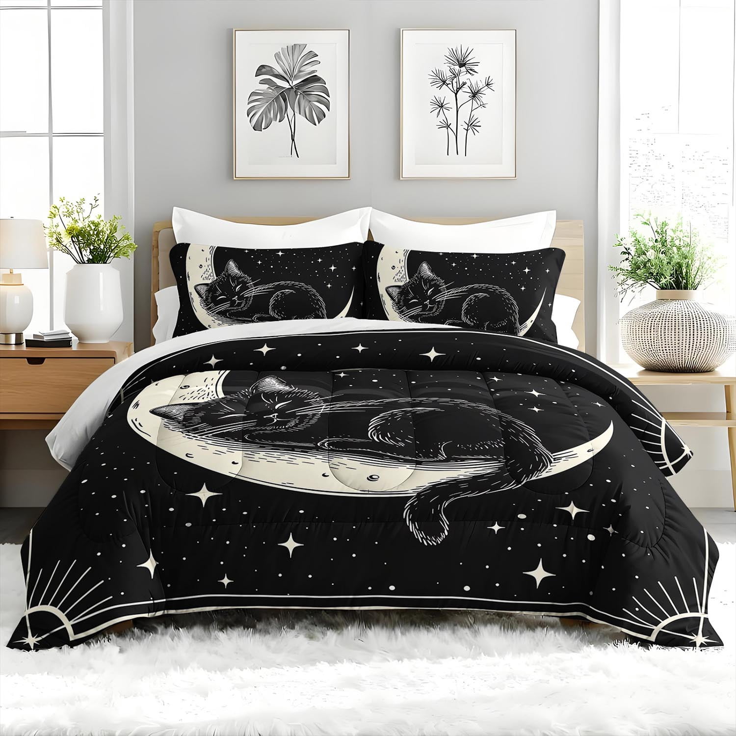 3pcs Black Cat Moon Comforter Set, Celestial Bedding Set for Bedroom or ...