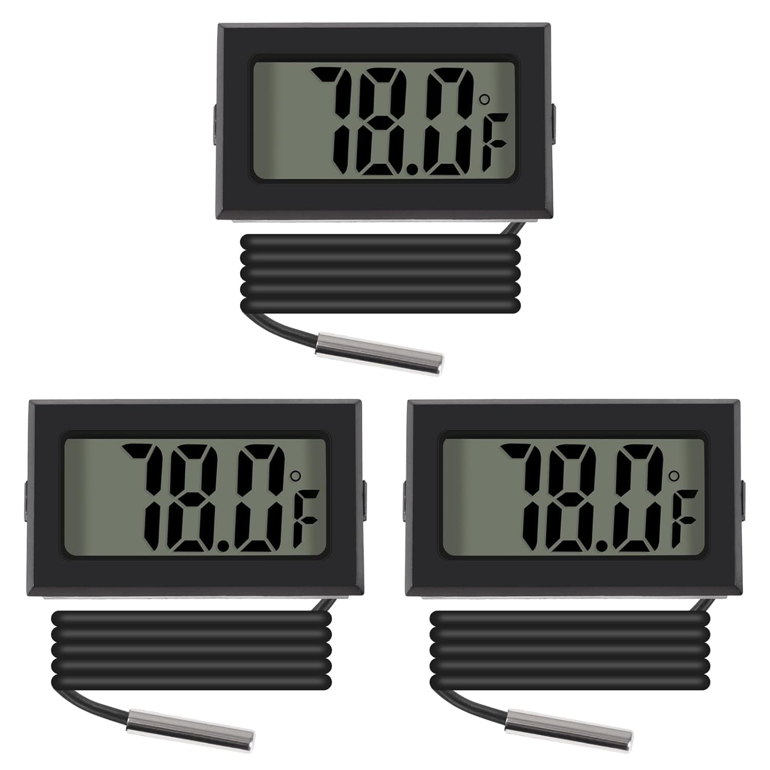 3pcs Black Digital LCD Thermometer Temperature Monitor with External ...