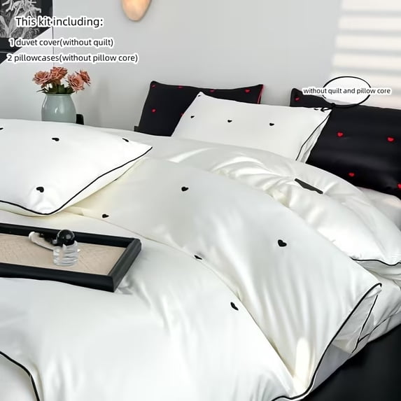 3pcs Black Heart-Shaped Bedding with White Duvet Cover And Pillowcases ...