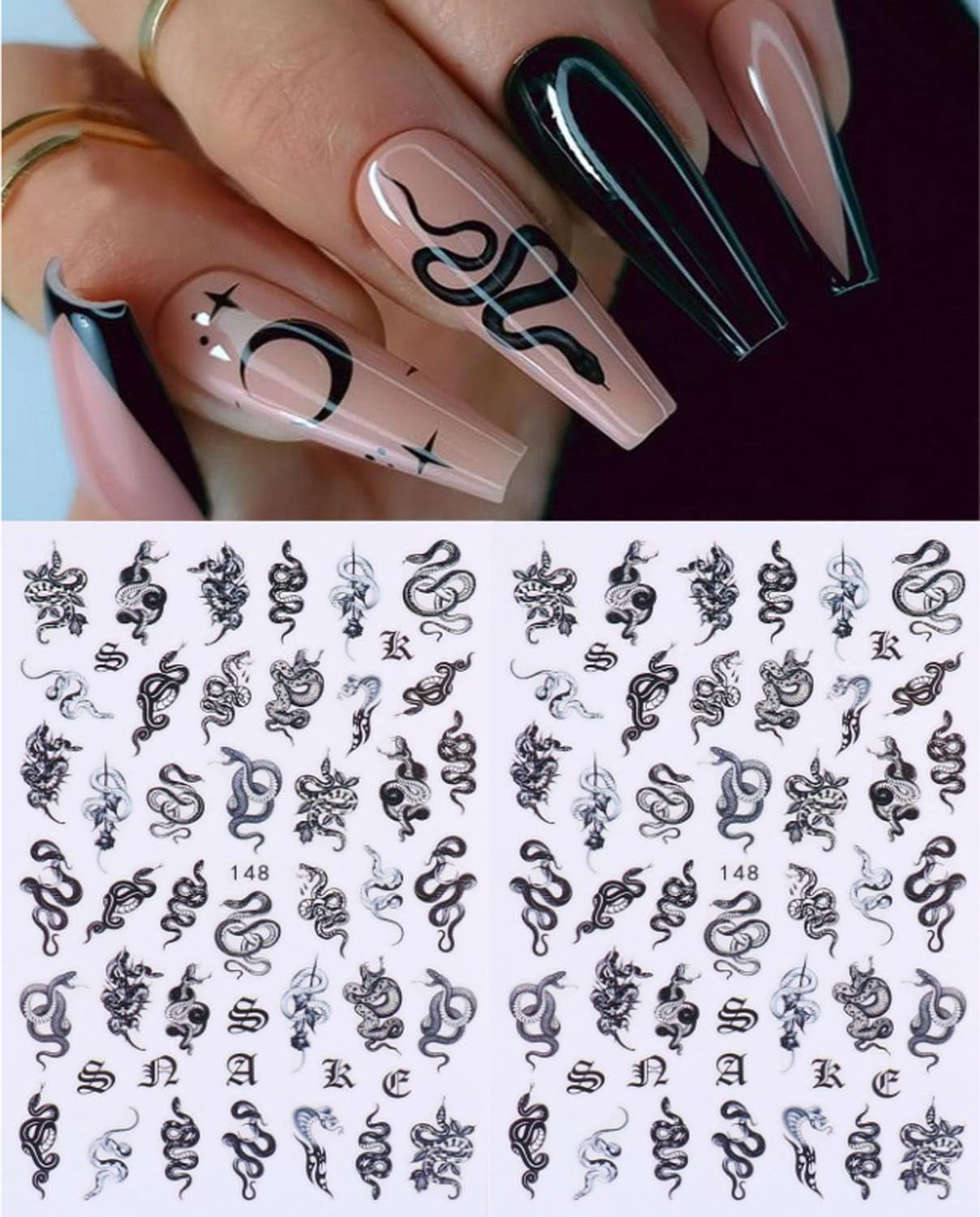 3pcs Black Snake Nail Art Stickers Retro Gothic Dark Style Nail ...