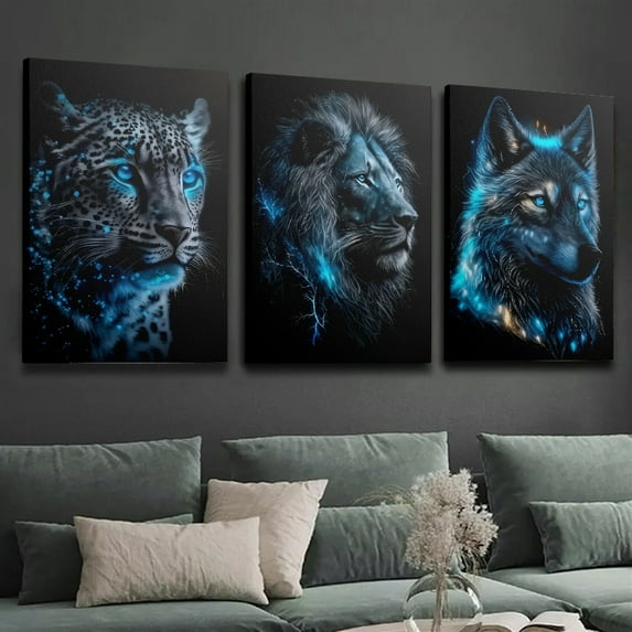3pcs Blue Ghost Animal Canvas Art Prints - Framed, High-Resolution Ink ...