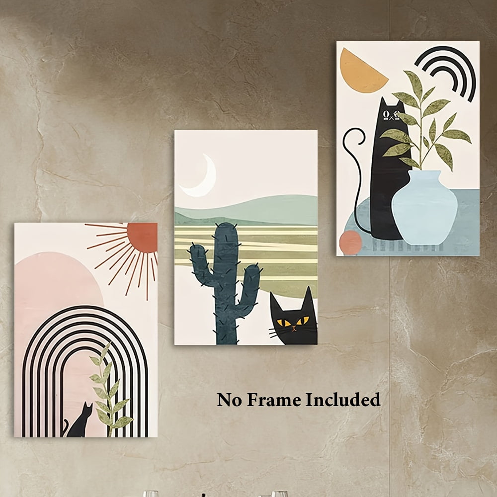 3pcs Bohemian Cat Art Prints on Canvas - Unframed, Frameless Wall Decor ...