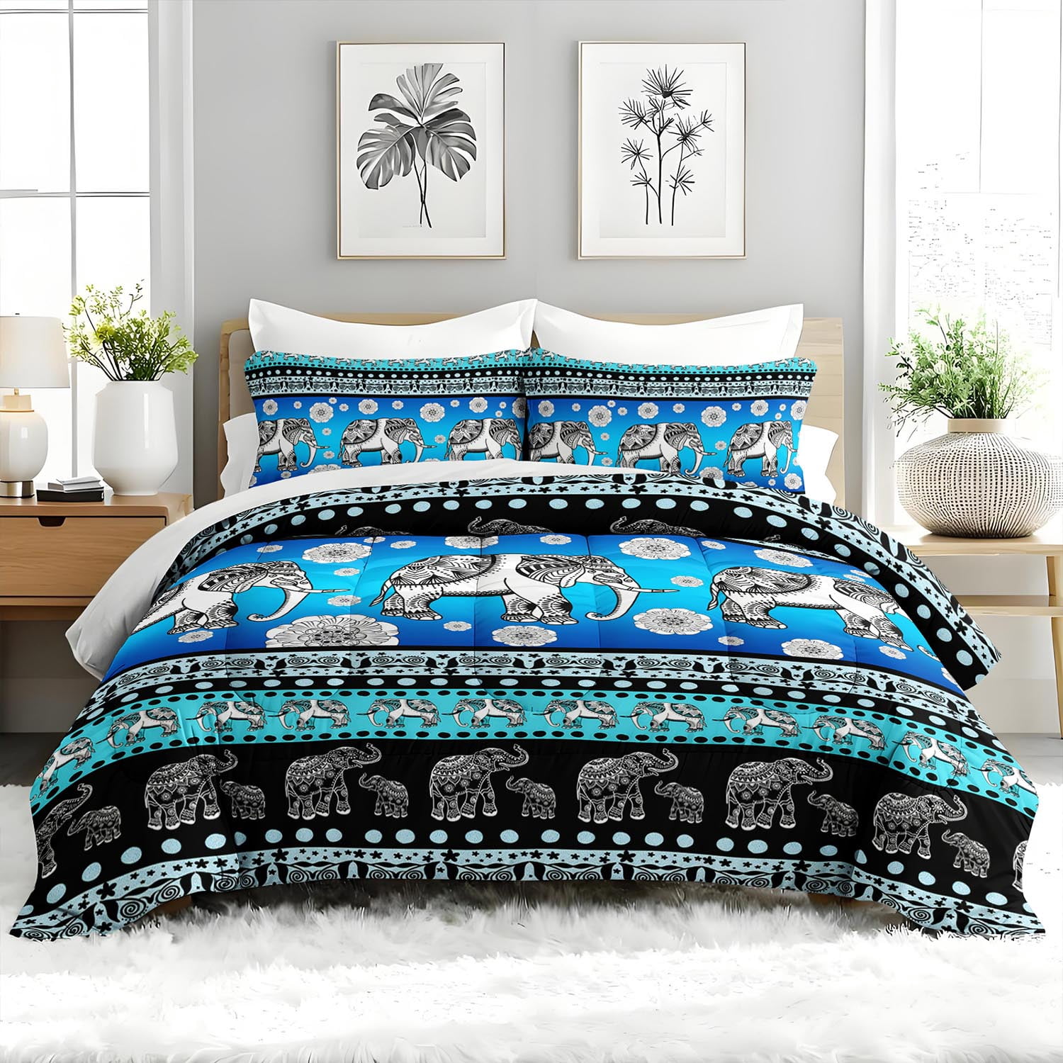 3pcs Bohemian Elephant Comforter Set, Tribal Bedding Set for Bedroom or ...