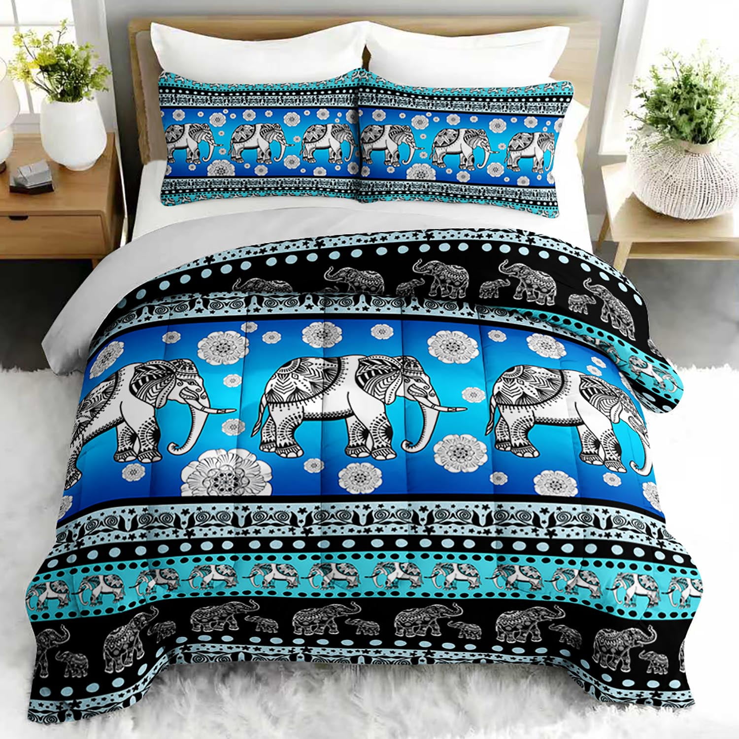 3pcs Bohemian Elephant Comforter Set, Tribal Bedding Set for Bedroom or ...