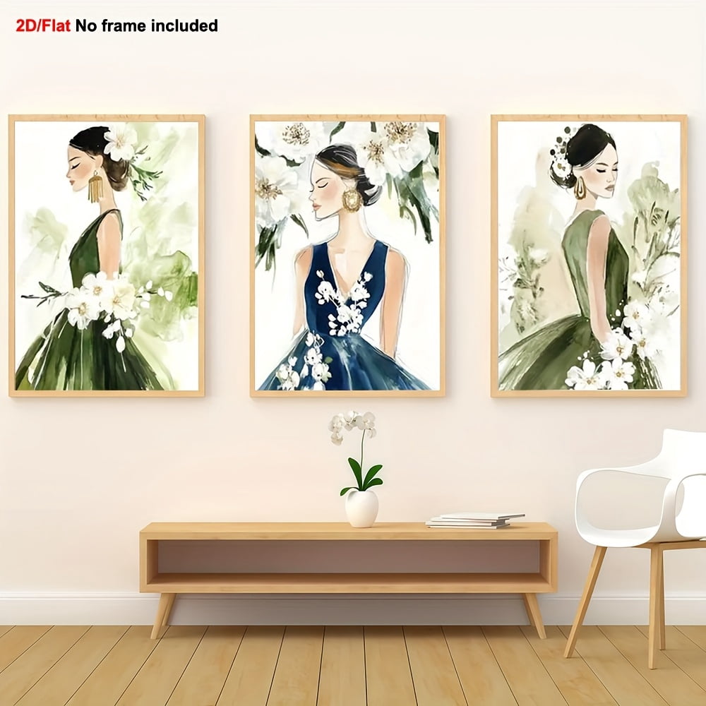 3pcs Bohemian Floral Female Figure Wall Art Set - Frameless Canvas ...