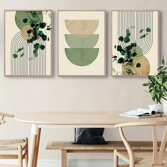 3pcs Boho Green Plant Eucalyptus Leaf Geometry Graphic Art Poster - Retro Canvas Print For ...