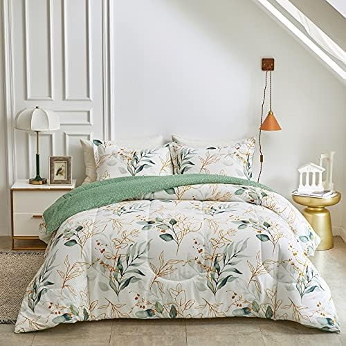 3pcs Botanical Comforter Set Twin, Green n Golden Leaves on White ...