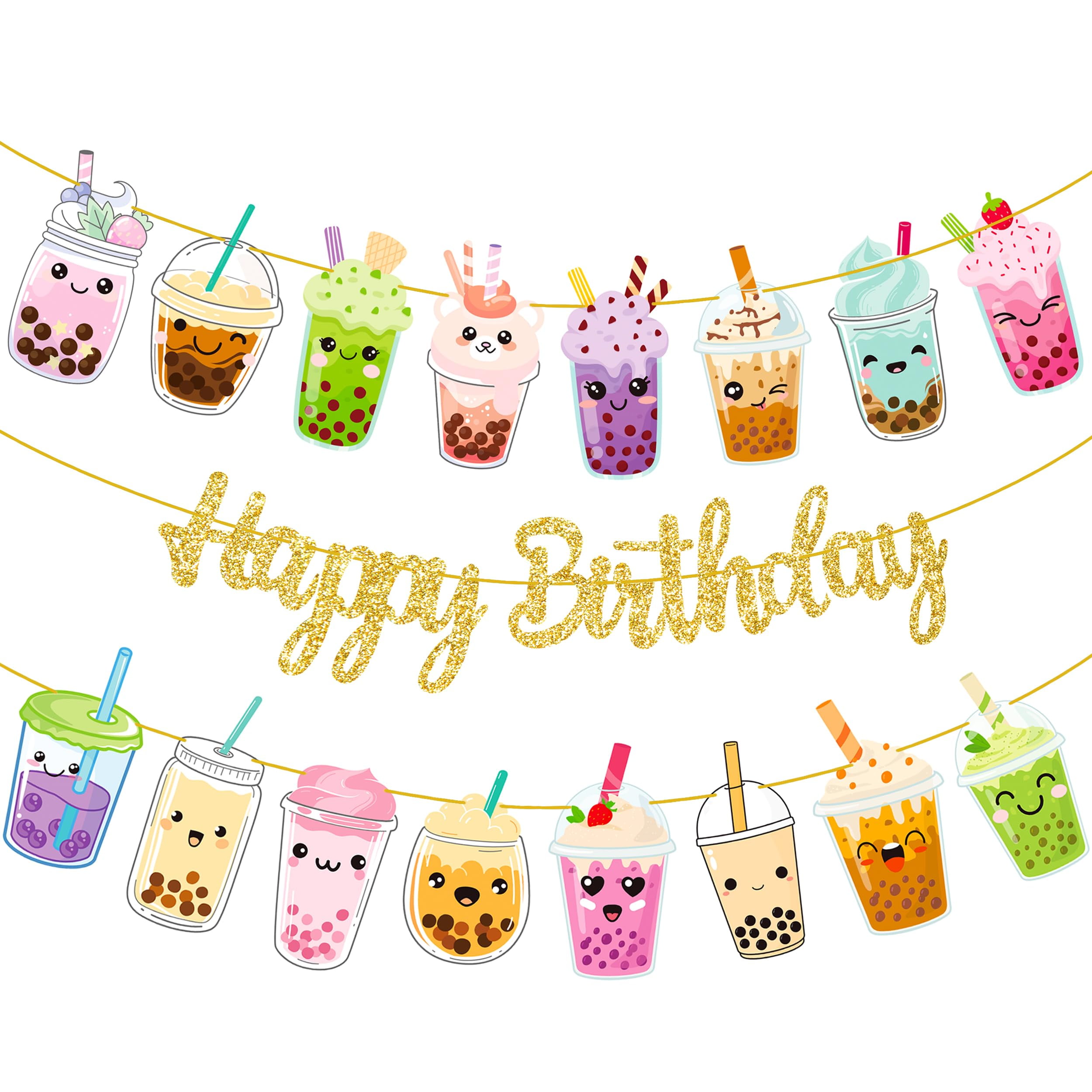 3pcs Bubble Tea Party Banners AIS1 Boba Tea Decorations Gold Glitter Happy Banner Bubble Mill ...