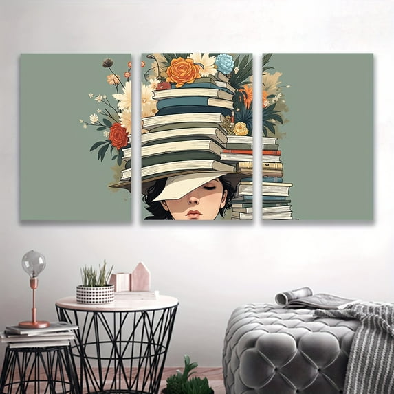 3pcs, Canvas Painting--Frameless, A Book on a Woman'S Head, Posters ...