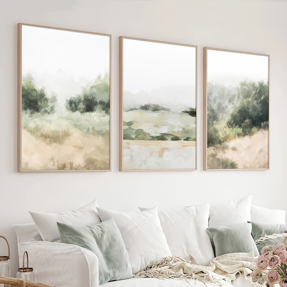 3pcs Canvas Poster, Modern Art, Green Farmhouse Scenery Art Painting ...