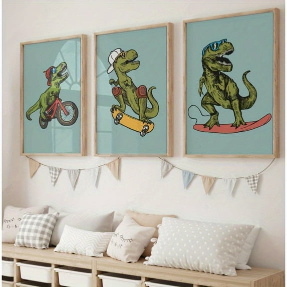 3pcs Canvas Print Set, Fun Tyrannos Rex Poster, Youngsters' Dinosaur Art, Vibrant T-Rex on Bike ...