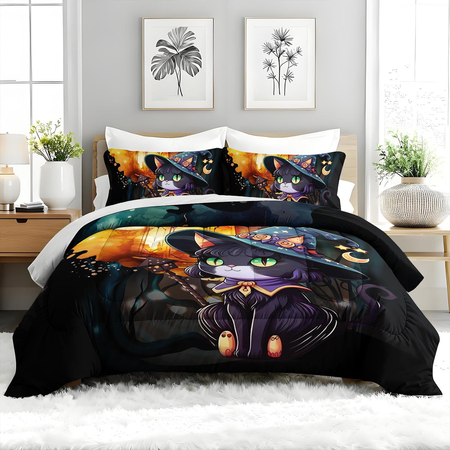 3pcs Cartoon Witch Cat Comforter Set, Halloween Bedding Set for Bedroom ...