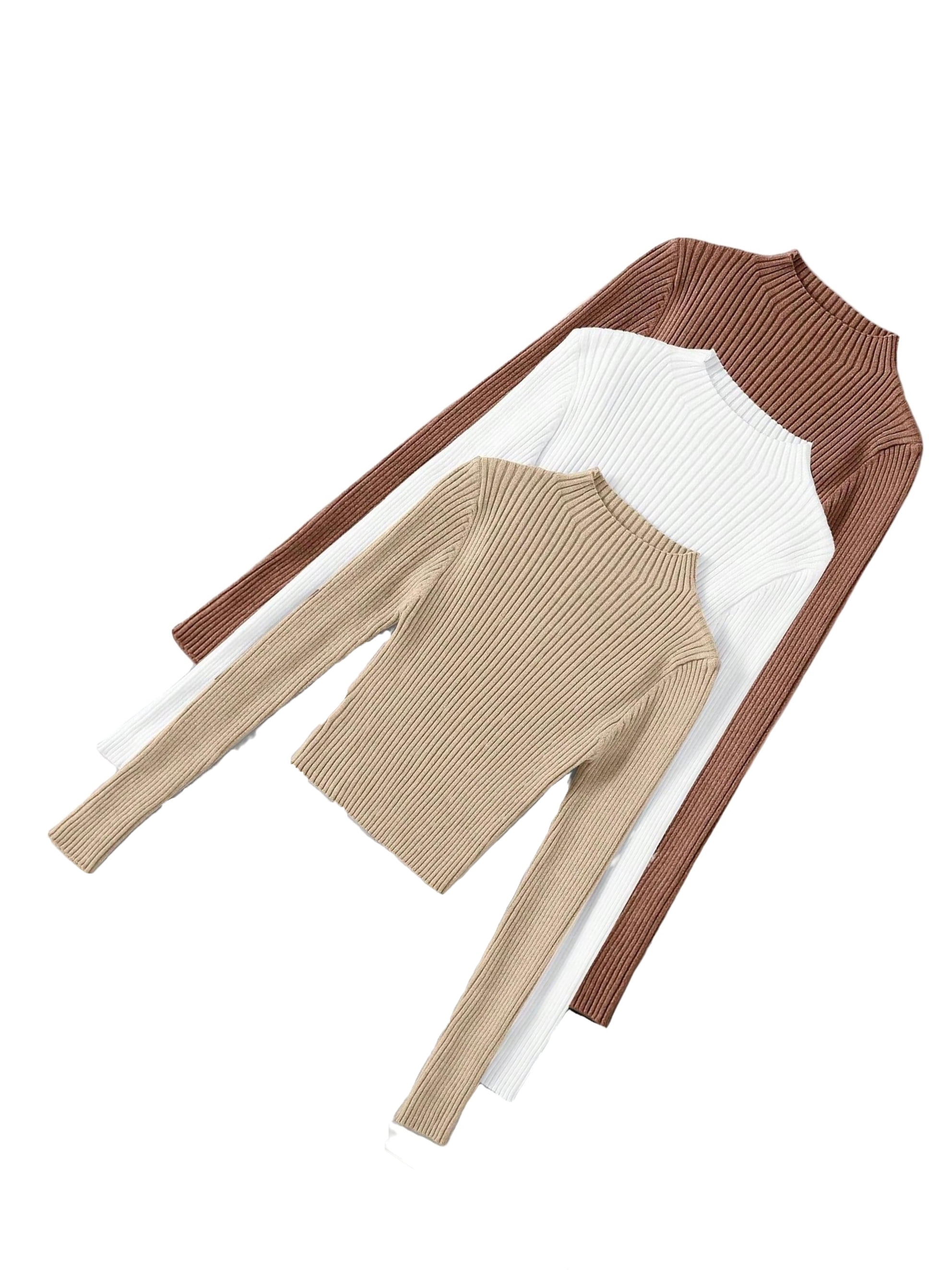 3pcs Casual Plain Stand Collar Basic Tops Long Sleeve Multicolor Women ...