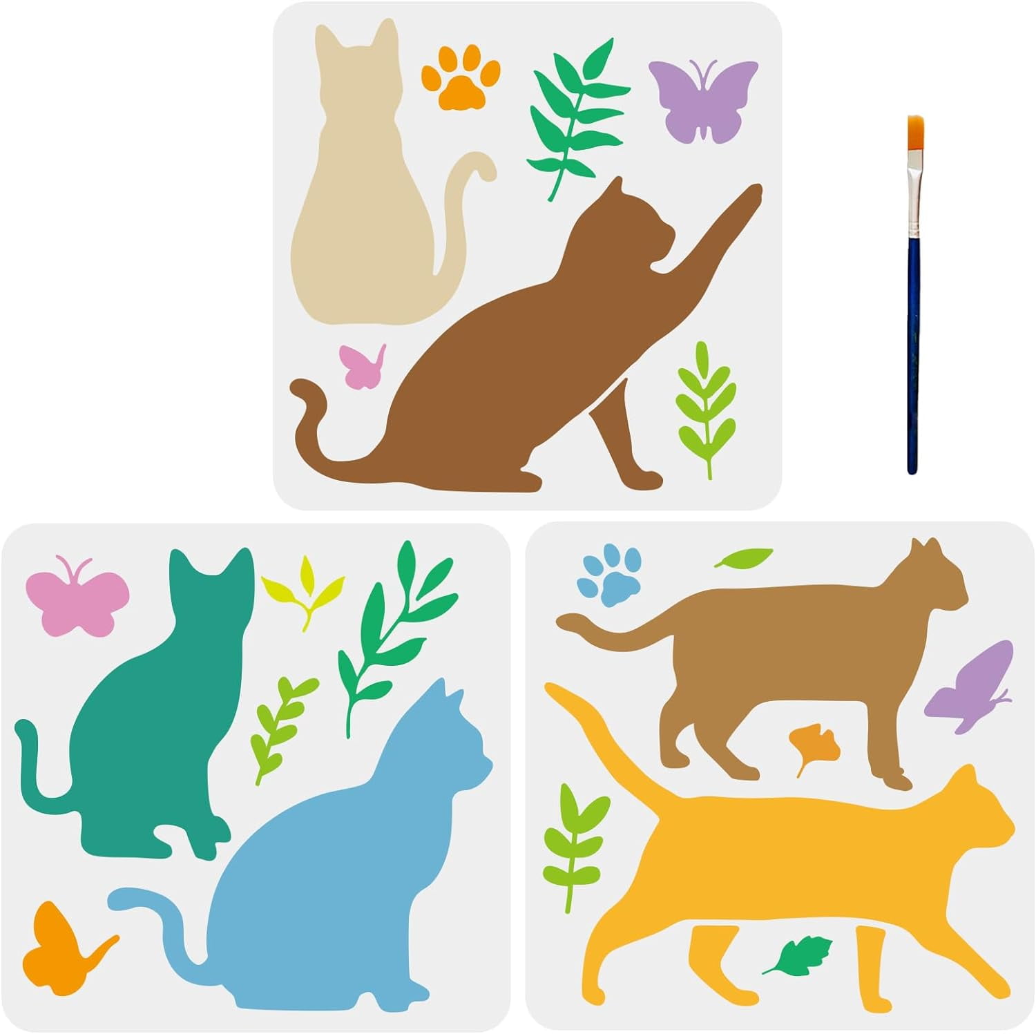 3pcs Cat Stencils Cat Butterfly Stencil 6 Cats 11.8×11.8inch with Paint ...