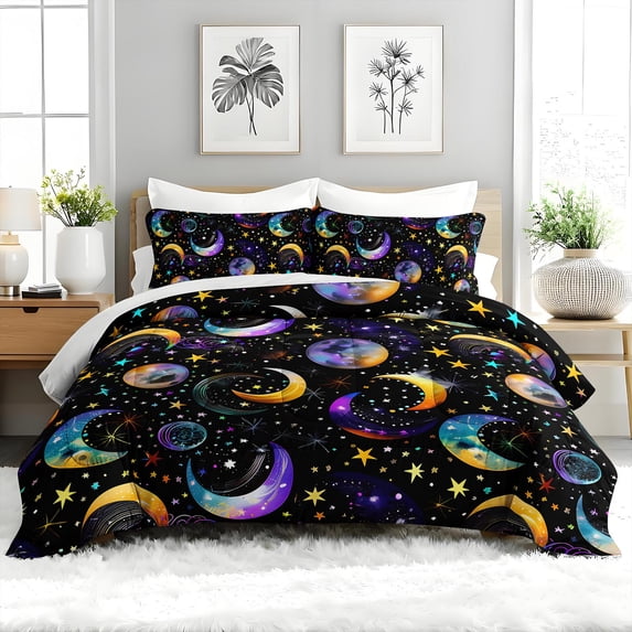 3pcs Celestial Moon and Star Comforter Set, Cosmic Galaxy Bedding Set ...