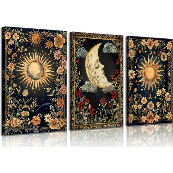3pcs Celestial Sun and Moon Canvas Wall Art Crescent Moon Tarot Picture ...
