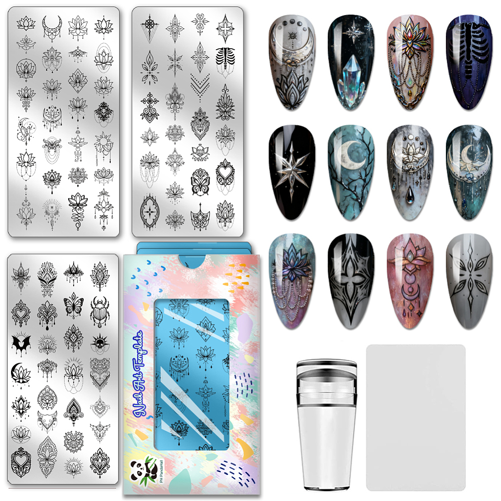 3pcs Chain Pendant Nail Stamping Plate Lotus Flower Nail Art Stamp ...
