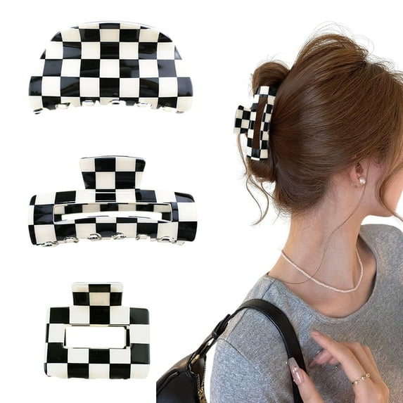 3pcs Checkered Hair Clips, Fan Flag Claw Clips for Thick Hair Black and ...