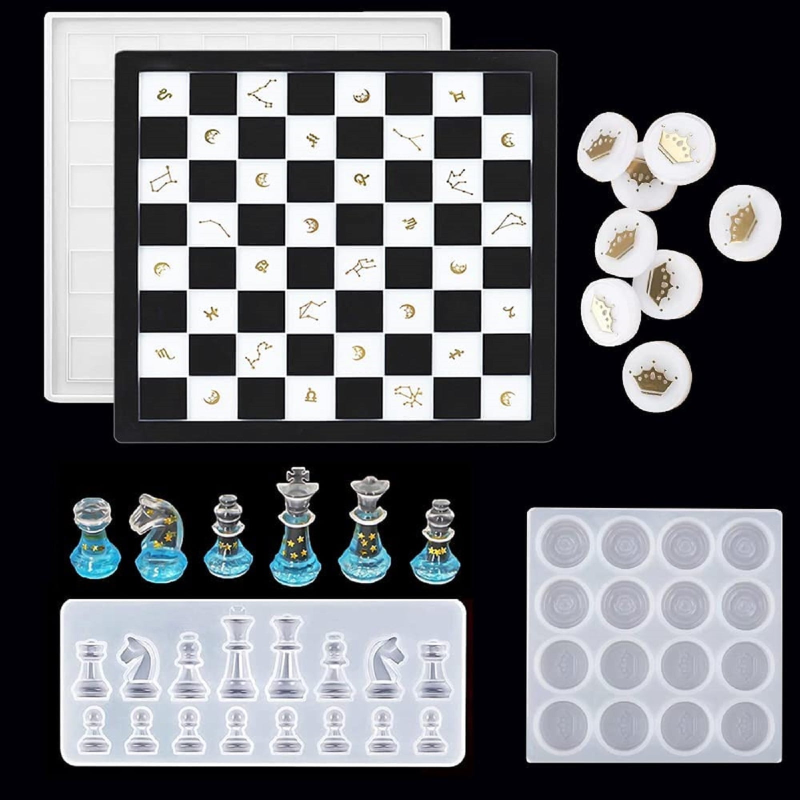 3pcs Chess Set with Checkers Board Silicone Resin Mold, Full Size 3D ...