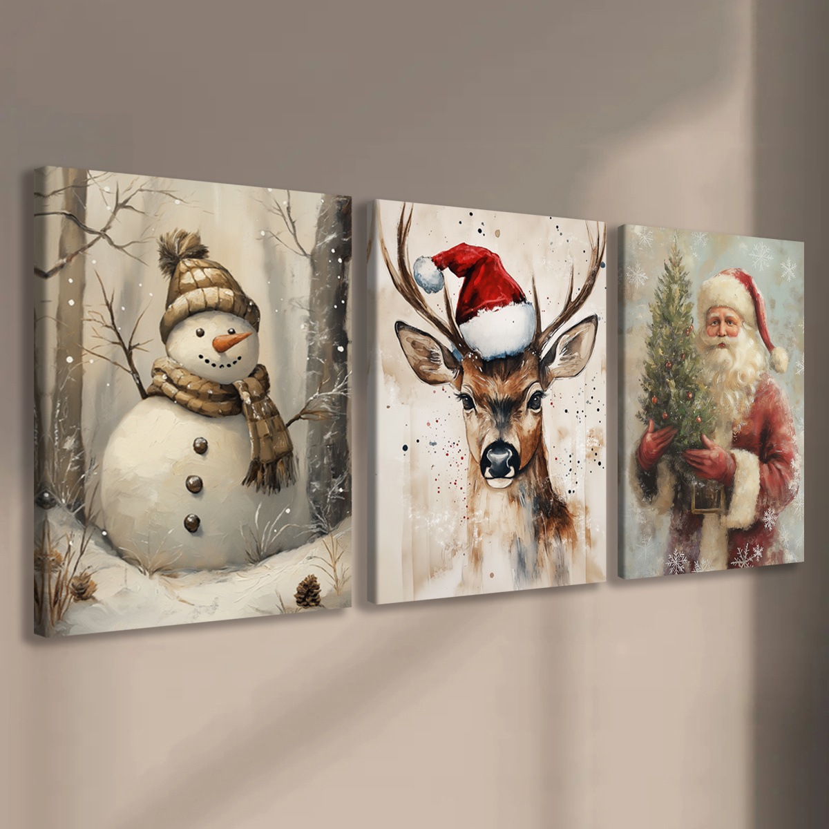 3pcs Christmas Canvas Wall Art Set - Santa, Snowman & Reindeer ...