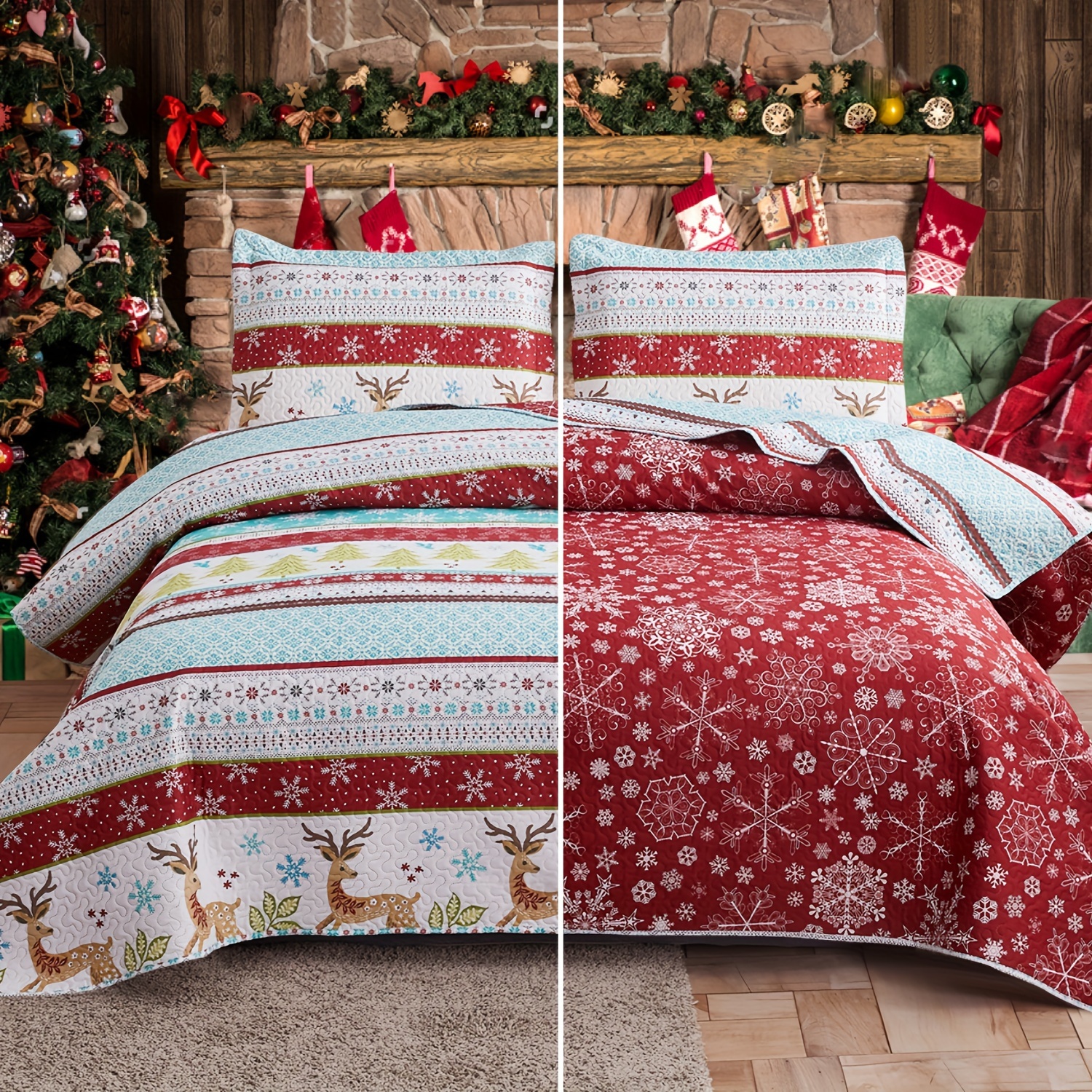 3pcs Christmas Quilt Twin/Queen/King Christmas Bedding Set, Xmas Tree ...