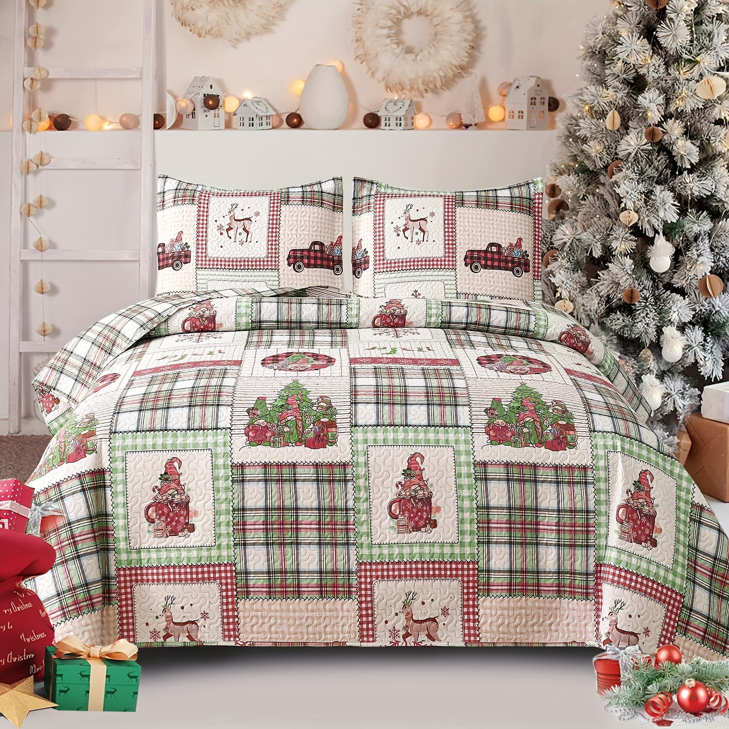3pcs Christmas Quilt Twin/Queen/King Christmas Bedding Set, Xmas Tree ...