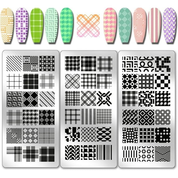 3pcs Classic Plaid Pattern Nail Stamp Plate Tartan Nails Art Stencils Stainless Steel Nail Image ...
