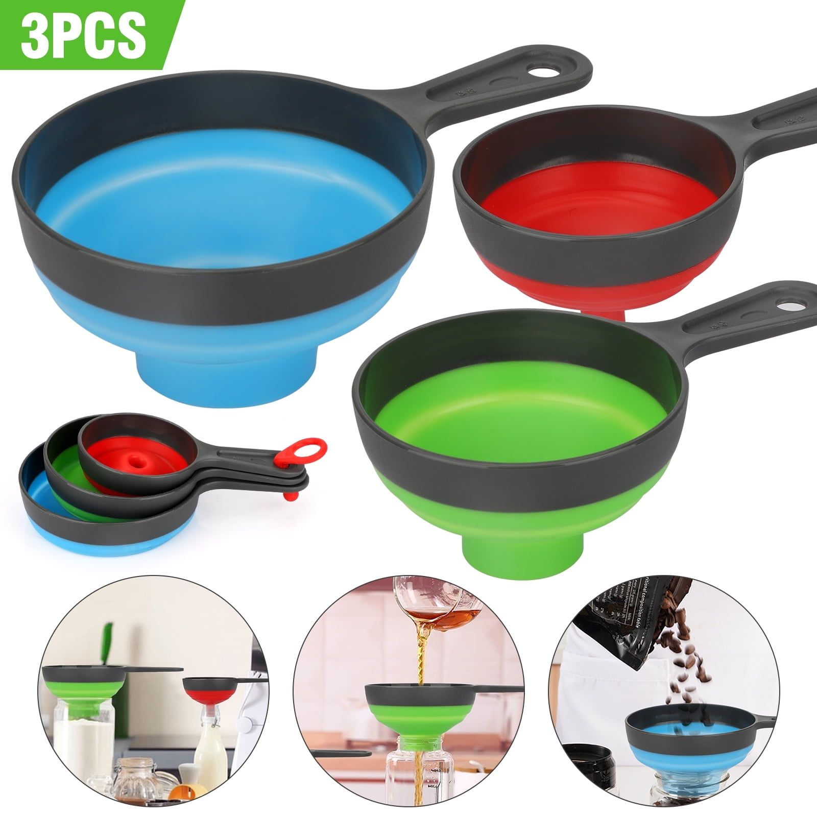 3pcs Collapsible Funnel Set, Kitchen Silicone Collapsible Funnel, Wide ...