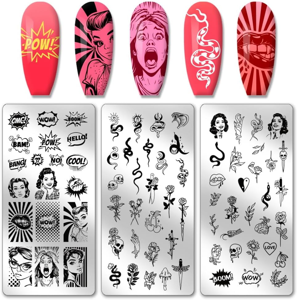 3pcs Comic Text Nail Stamping Plates Retro Avatar Snake Rose Skull Nail ...