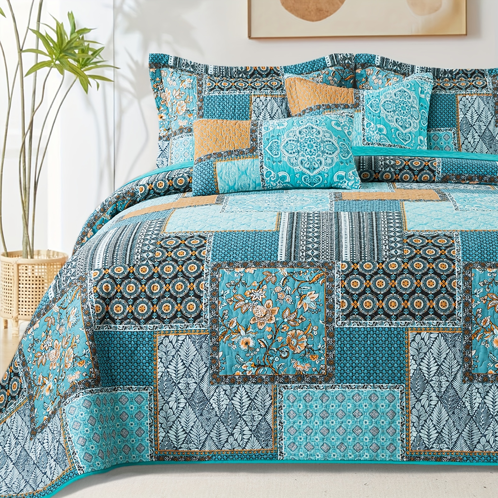 3pcs Cotton Comforter Set Queen King for Bed, Teal Farmhouse Quilt ...