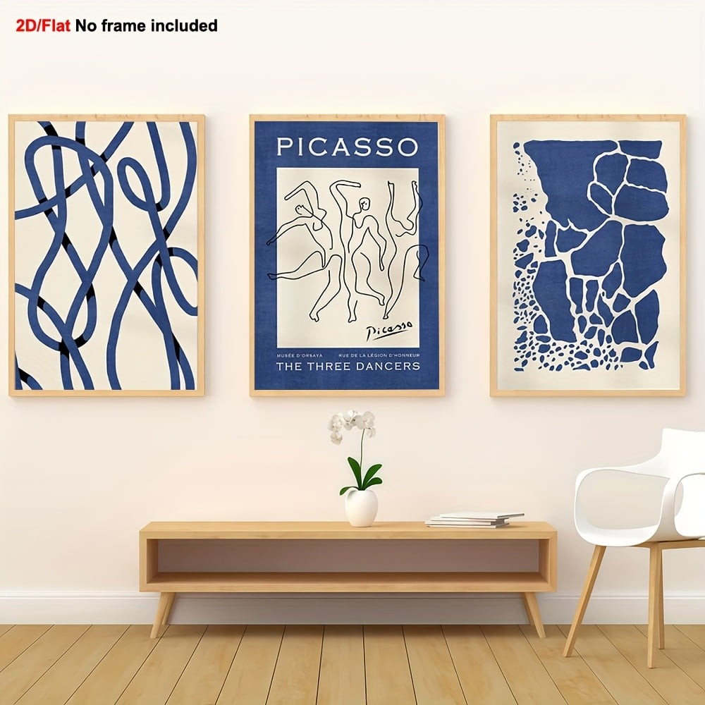 3pcs Cubist Picasso-Inspired Abstract Blue & White Frameless Canvas ...