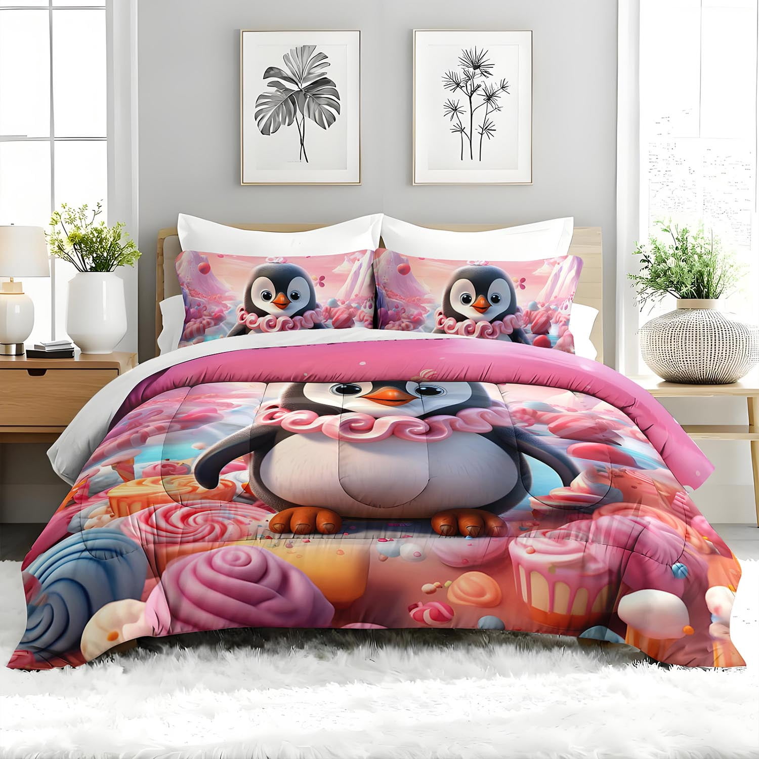 3pcs Cute Penguin Comforter Set, Sweet Candy Land Bedding Set for ...