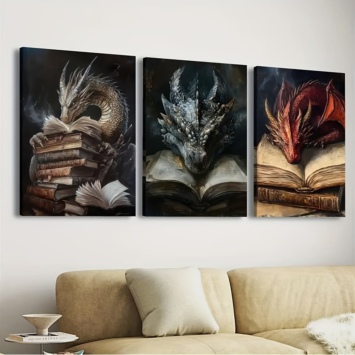 3pcs Dragon & Mythical Book Canvas Art Set - Vibrant Fantasy Wall Decor ...