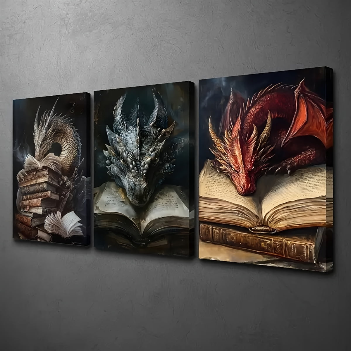3pcs Dragon & Mythical Book Canvas Art Set - Vibrant Fantasy Wall Decor ...