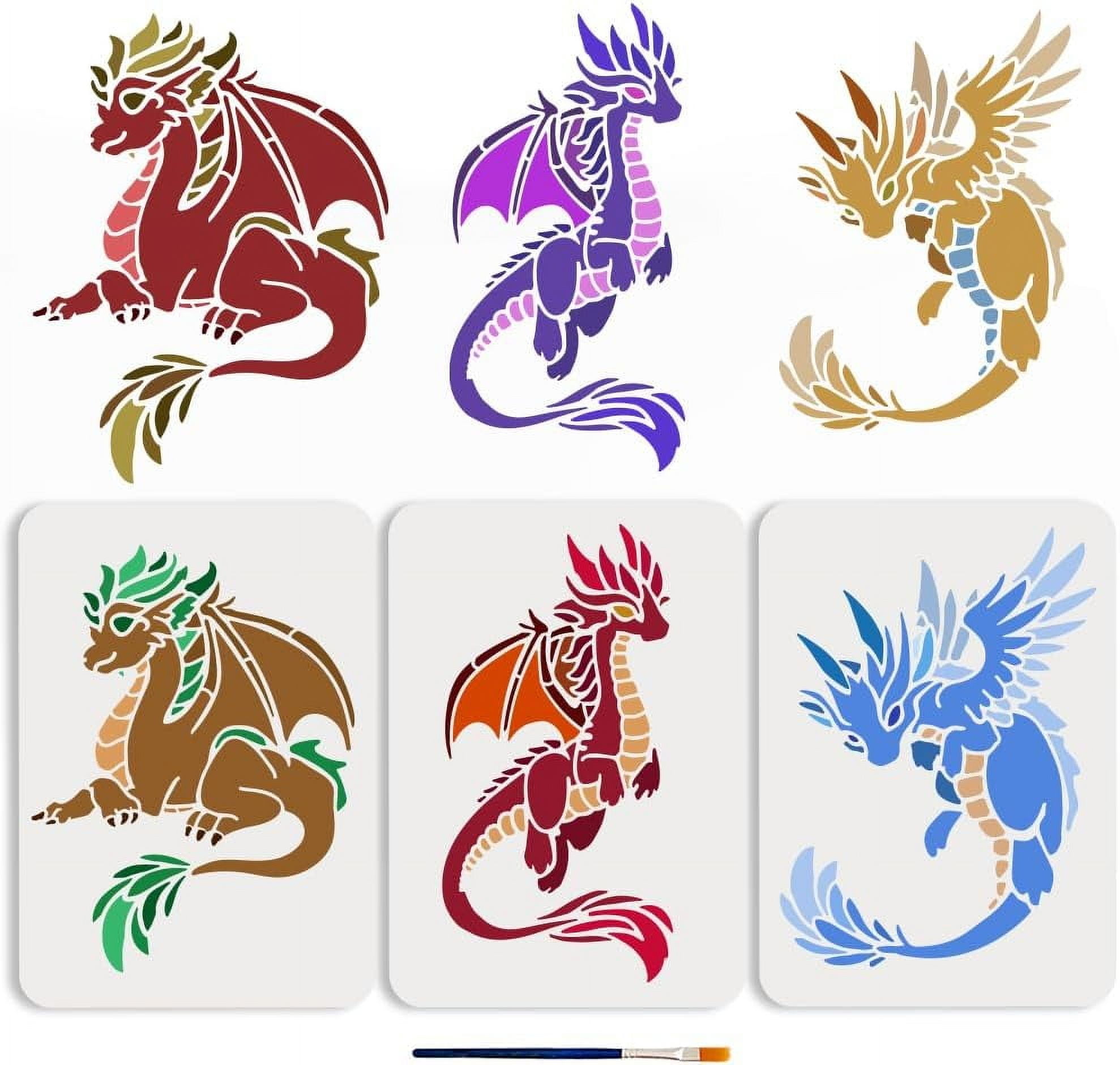 3pcs Dragon Stencils 11.7×8.3inch Large Medieval Dragon Stencils with Paint Brush Reusable ...