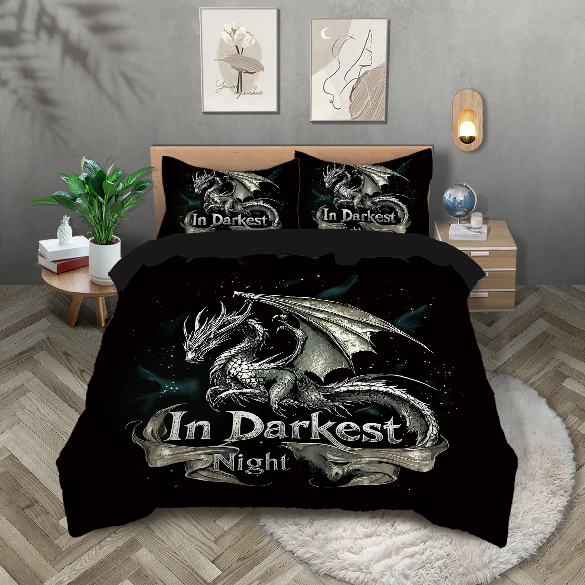3pcs Dragon pattern printed bedding set, 1 quilt cover+2 pillowcases ...