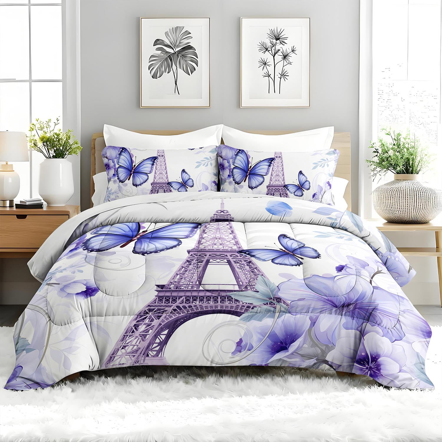 3pcs Eiffel Tower Butterfly Floral Comforter Set, Romantic Paris ...