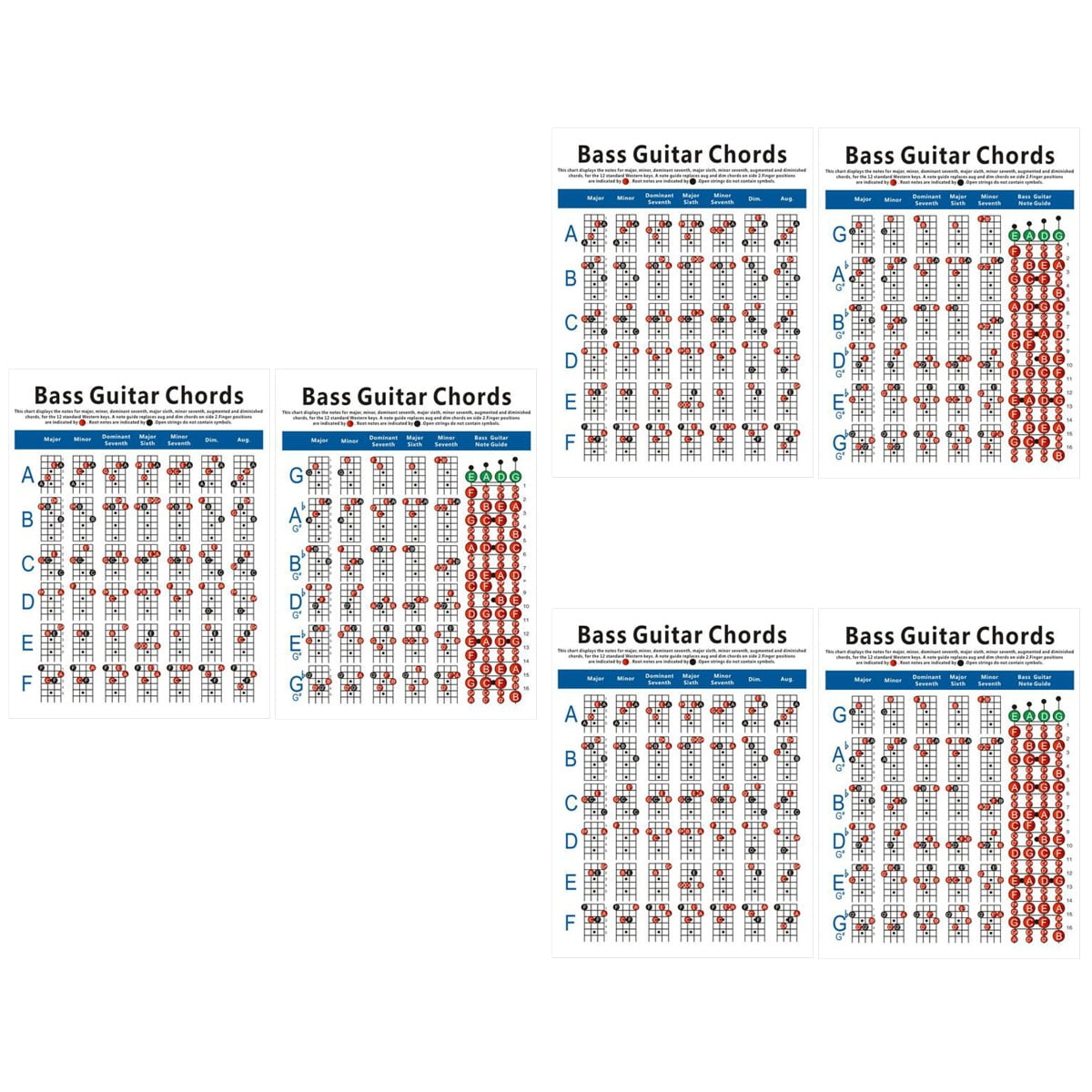 3pcs Electric Bass Guitar Chord Chart 4 String Bass Guitar Chord ...