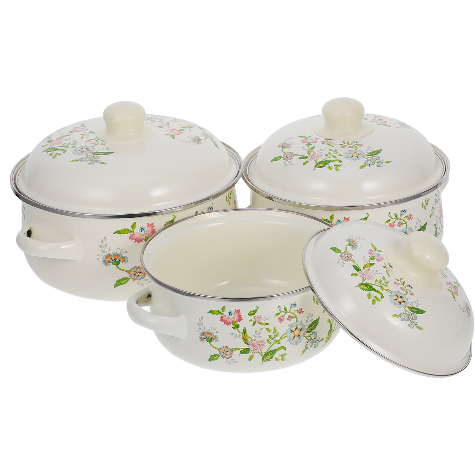 3pcs Enamel Stock Pot Set with Lid Dual Handle Beige Flower Pattern for ...