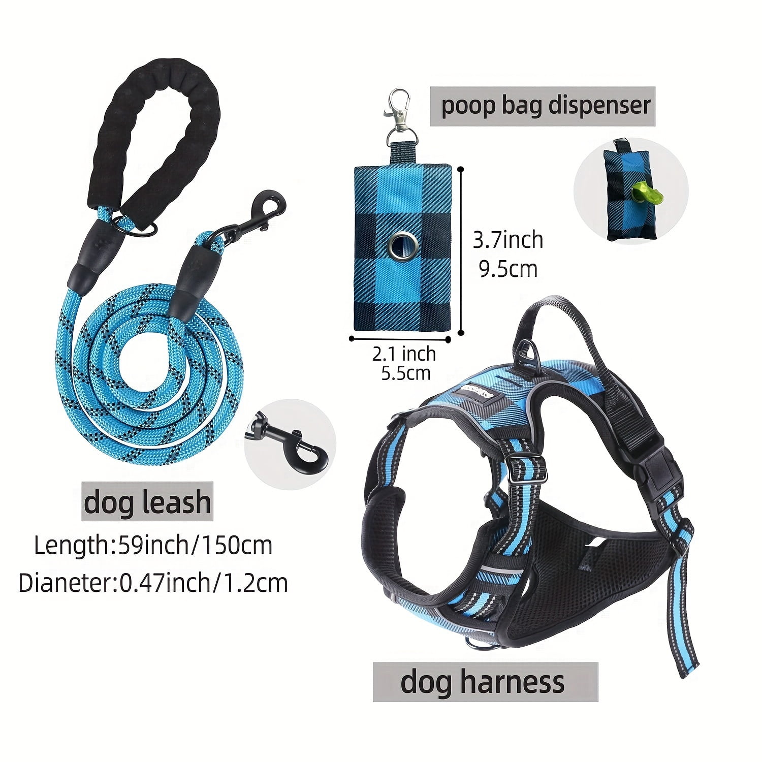 3pcs Escape-Proof Dog Harness Set with Leash and Poop Bag Dispenser ...