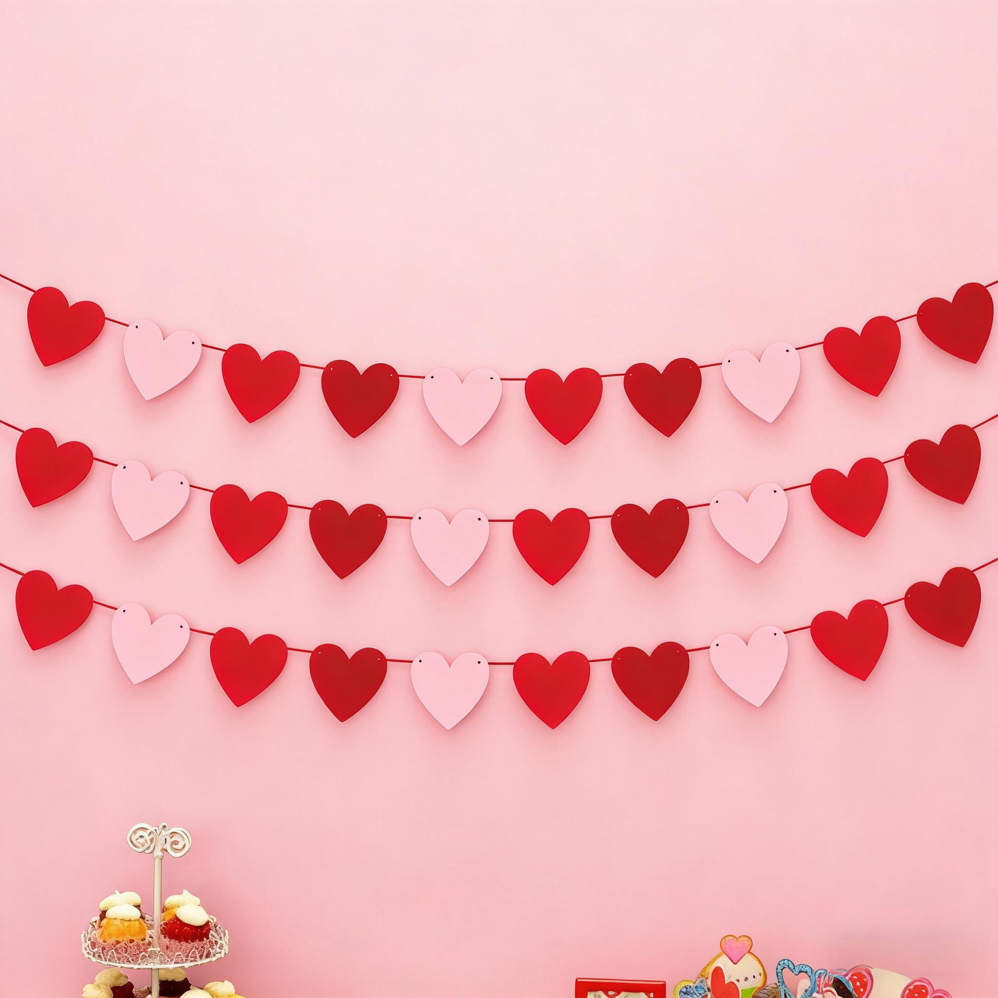 3pcs Felt Heart Garland Banner Pre-Strung, 48 Hearts Valentines Banner ...