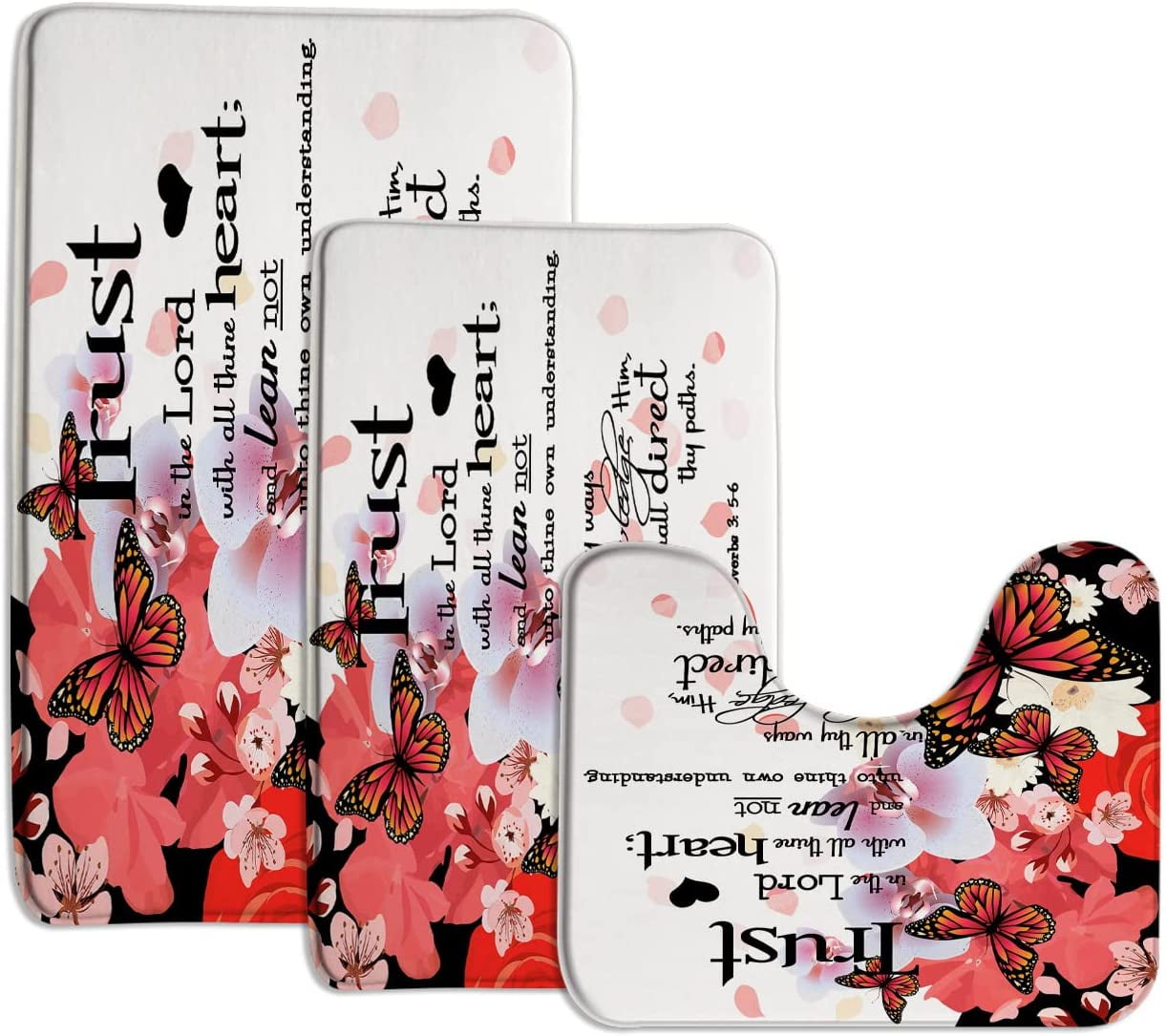 3pcs Floral Inspirational Quote Bathroom Sets with Non-Slip Rug Toilet ...