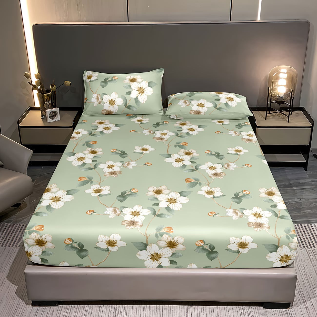 3pcs Floral Print Fitted Sheet Set - Soft Polyester Bedding for Double ...