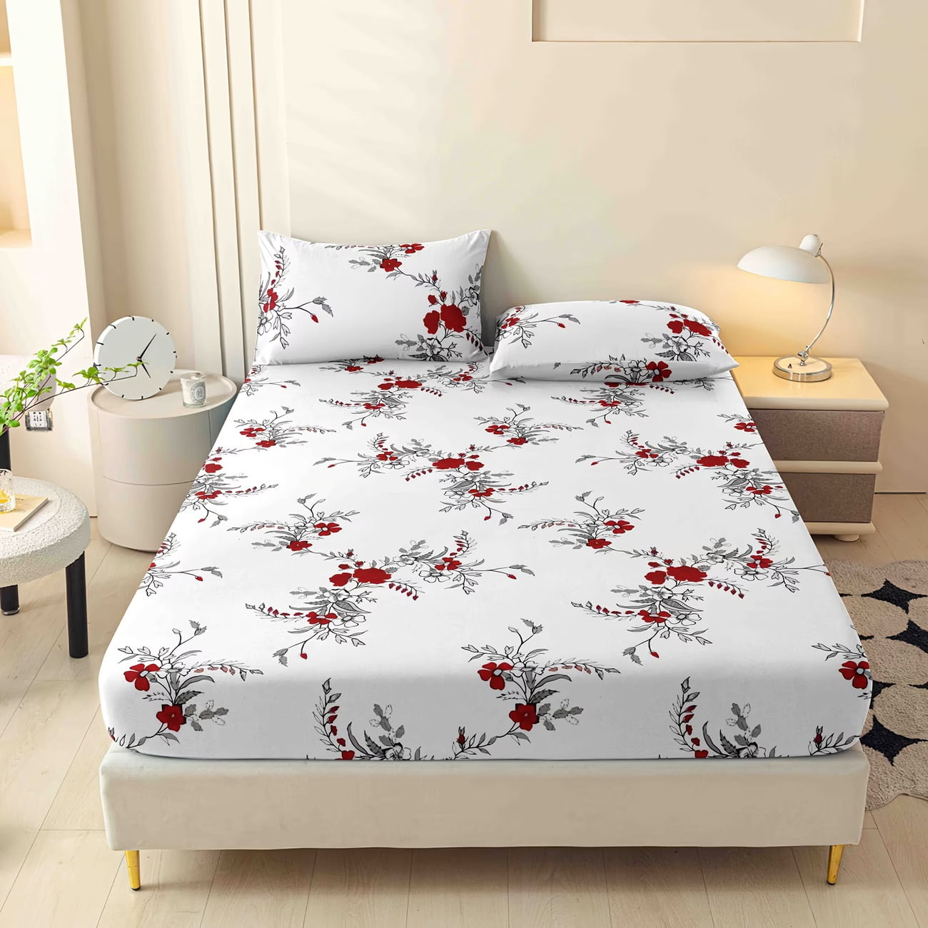 3pcs Floral Rose Pattern Bedding Set - Soft Fitted Sheet and ...