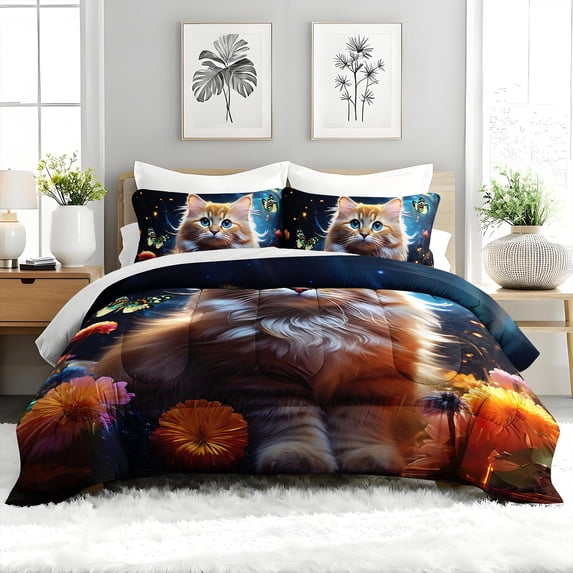3pcs Fluffy Cat Comforter Set, Fantasy Cat Bedding Set for Bedroom or ...
