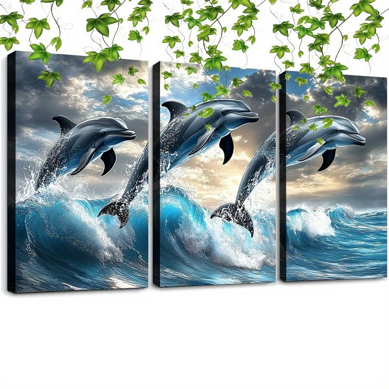 3pcs Framed Jumping Dolphin Canvas Wall Art, Vibrant Blue Sea Animal ...