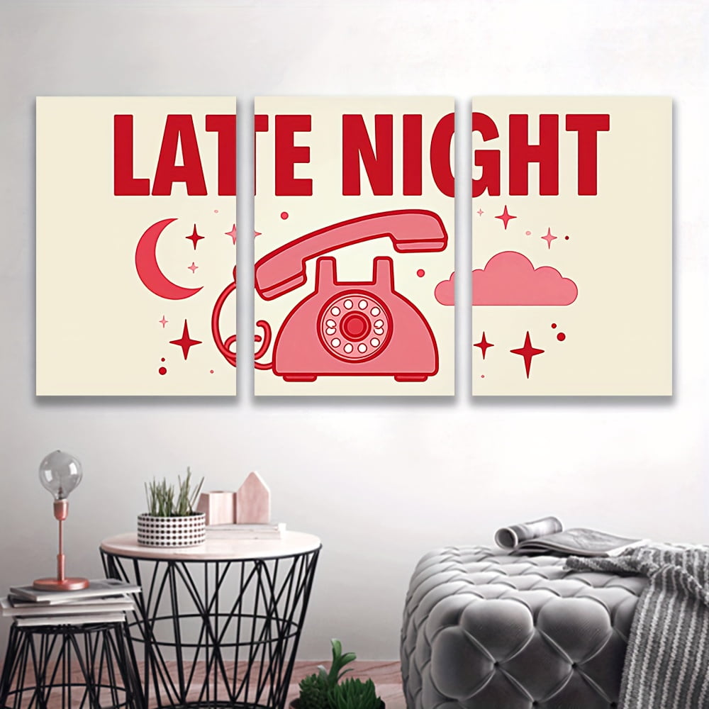 3pcs Frameless Canvas Art - "Late Night" Red Phone Design with Moon ...