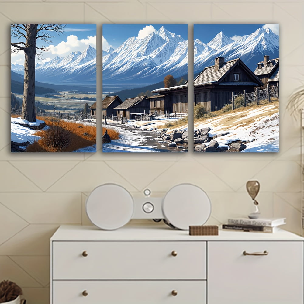 3pcs Frameless Canvas Painting Set - Snowy Mountain Landscape with ...